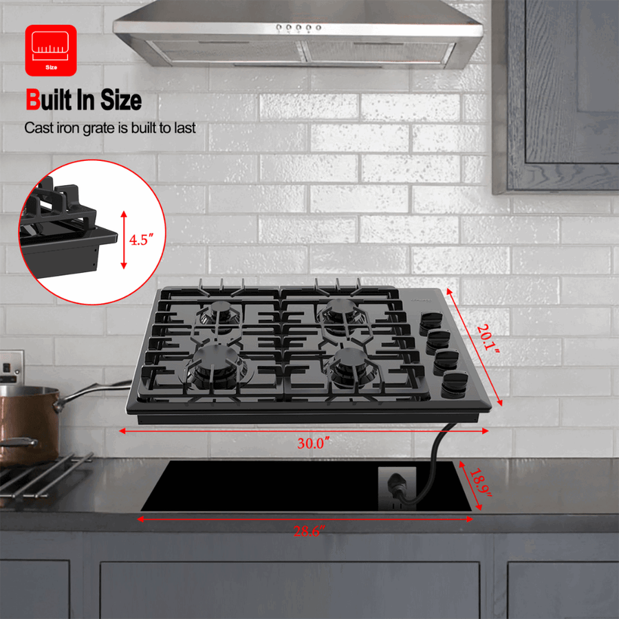 GASLAND Chef 30 Inch Gas Cooktop 4 Burner Black Enamel NG/LPG Gas Stove ...